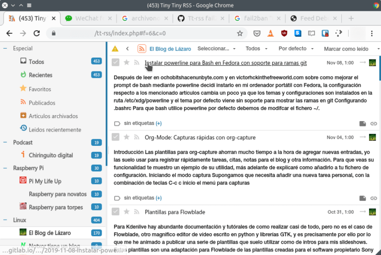Funcionalidades y características del lector de feeds Tiny Tiny RSS